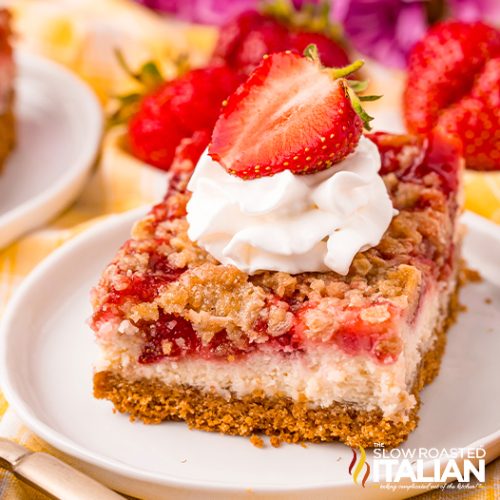 Strawberry Cheesecake Bars Recipe (Real Strawberry Filling) - The Slow ...